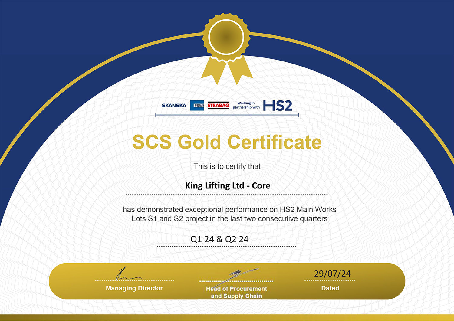 Exceptional performance award for HS2 Main Works | King Lifting